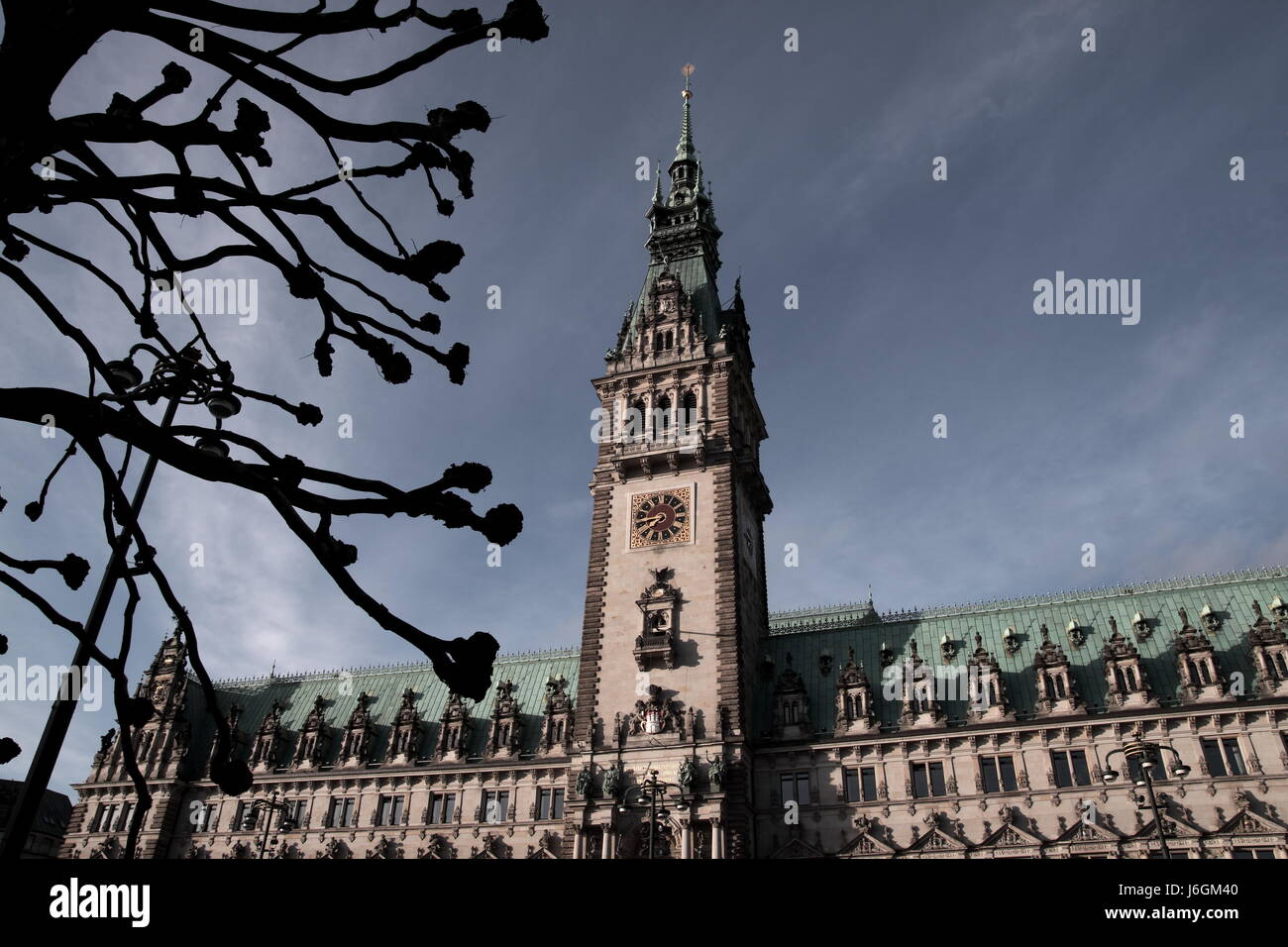 tower hamburg town hall dismal dark blue tower city town tree europe ...