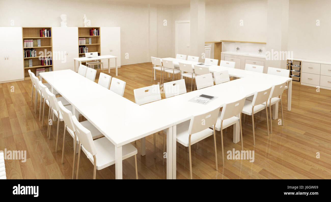 interior illustration swarm school indoor table white study hall desk ...