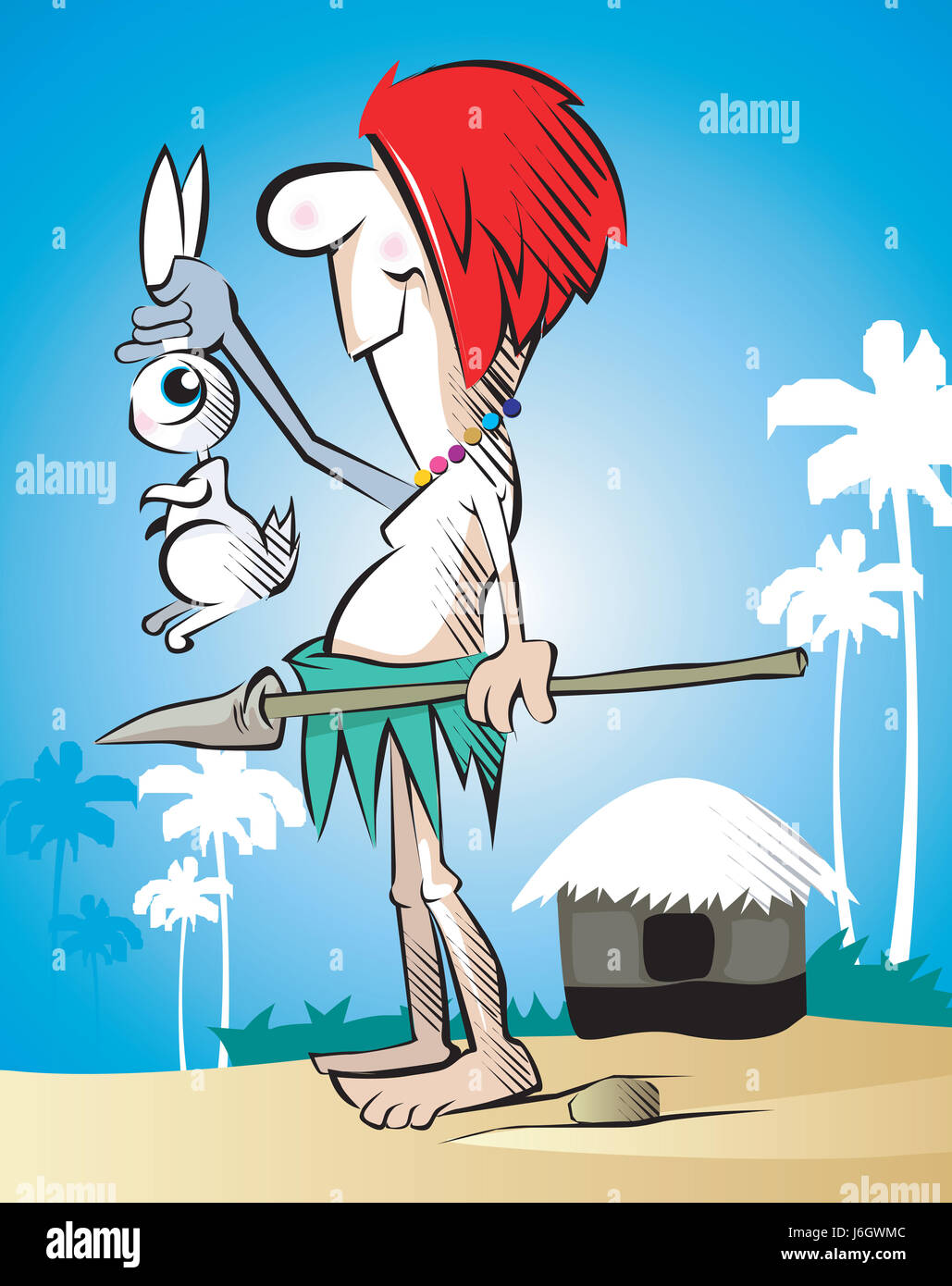 comic cartoon forest man hut hunter rabbit illustration spear arm ...