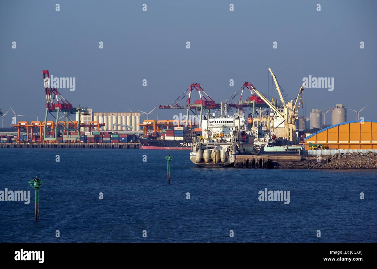 TAICHUNG, TAIWAN -- JANUARY 1, 2014: A partial view of Taichung Port ...