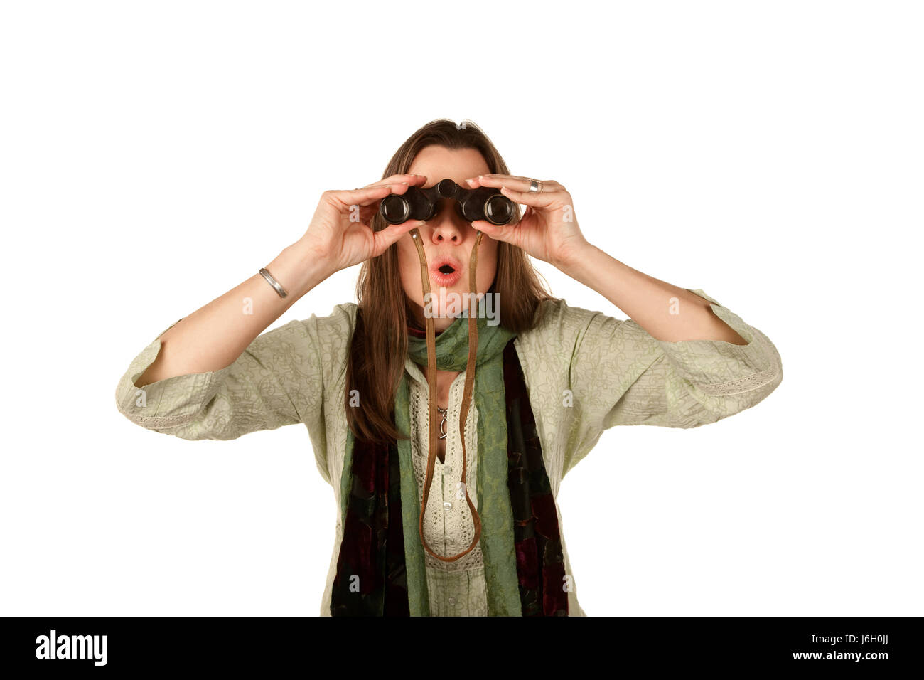 woman female look glancing see view looking peeking looking at spy lens ...