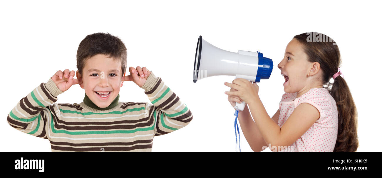 small tiny little short noise megaphone boy lad male youngster shouting ...