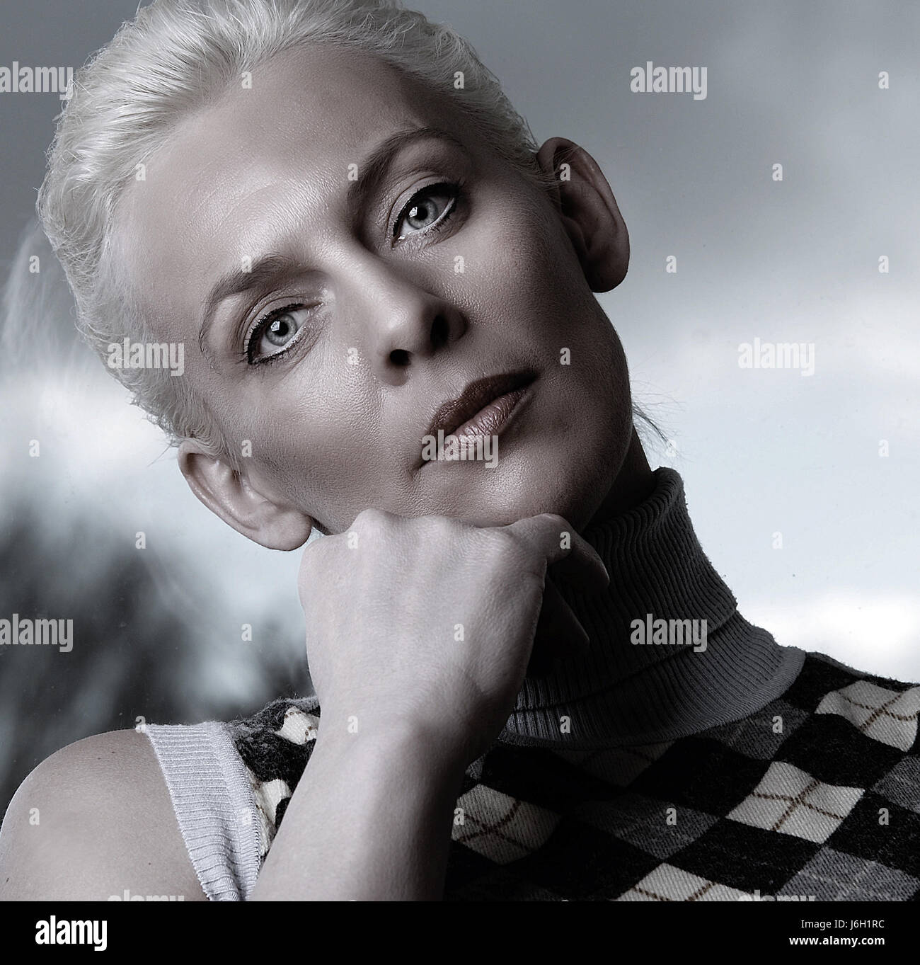 woman hand meditative portrait eyes look glancing see view looking ...