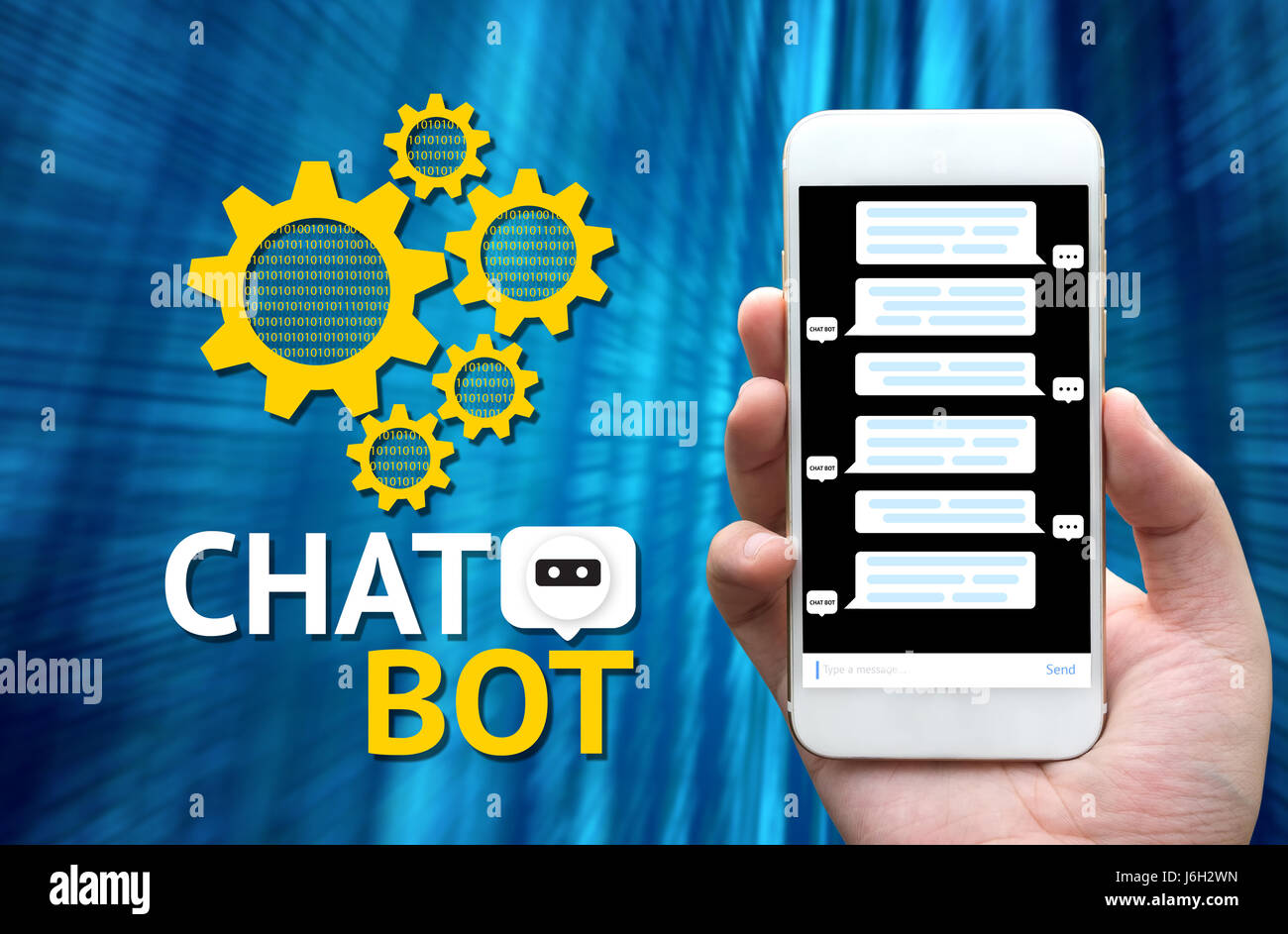 Chat bot and future marketing concept , Man hand holding mobile phone ...