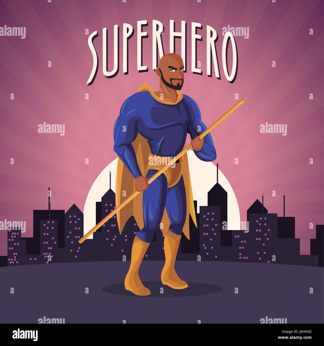 superhero costume comic standing with sunset city background Stock ...