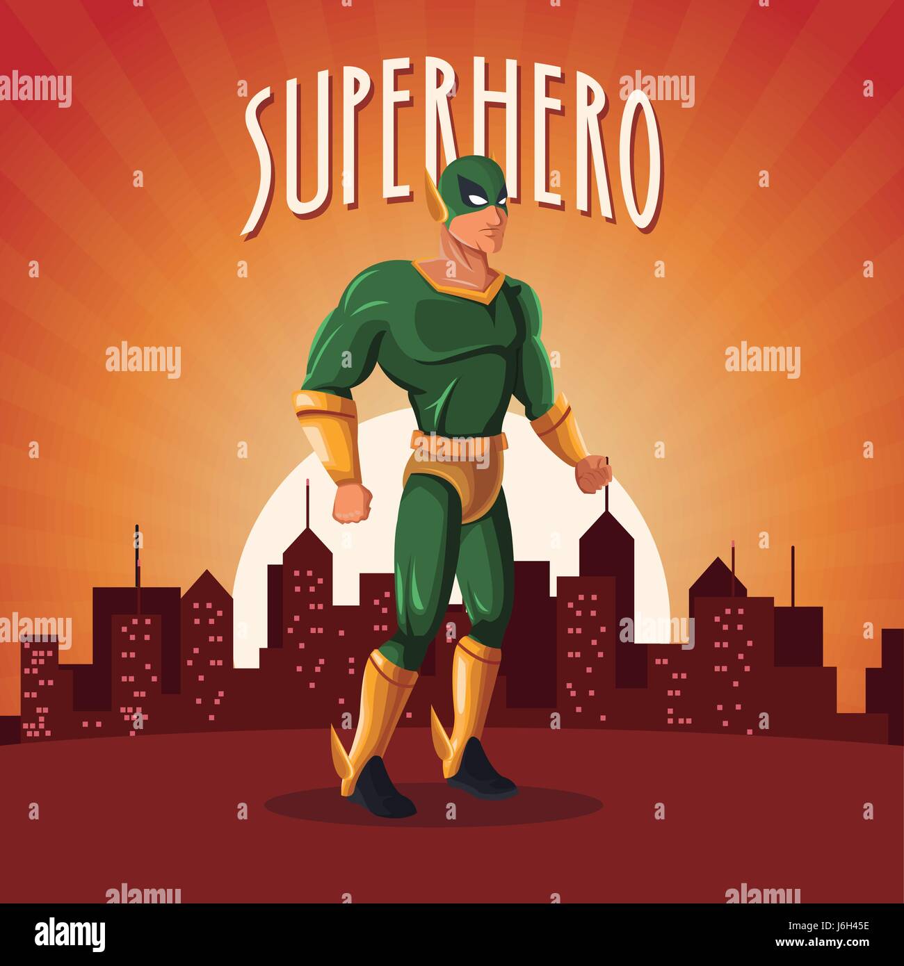 superhero costume comic standing with sunset city background Stock ...
