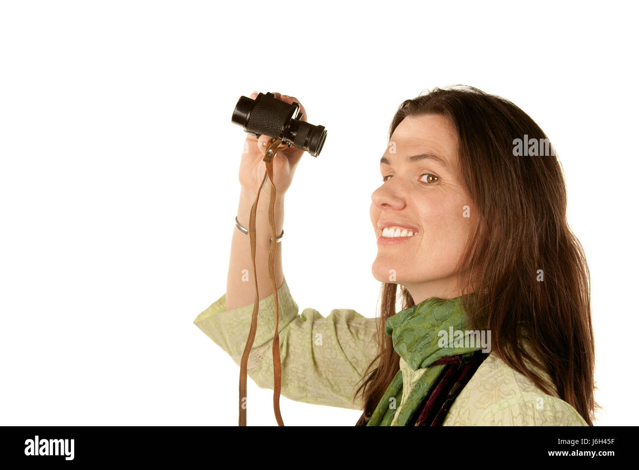 woman female look glancing see view looking peeking looking at spy lens ...