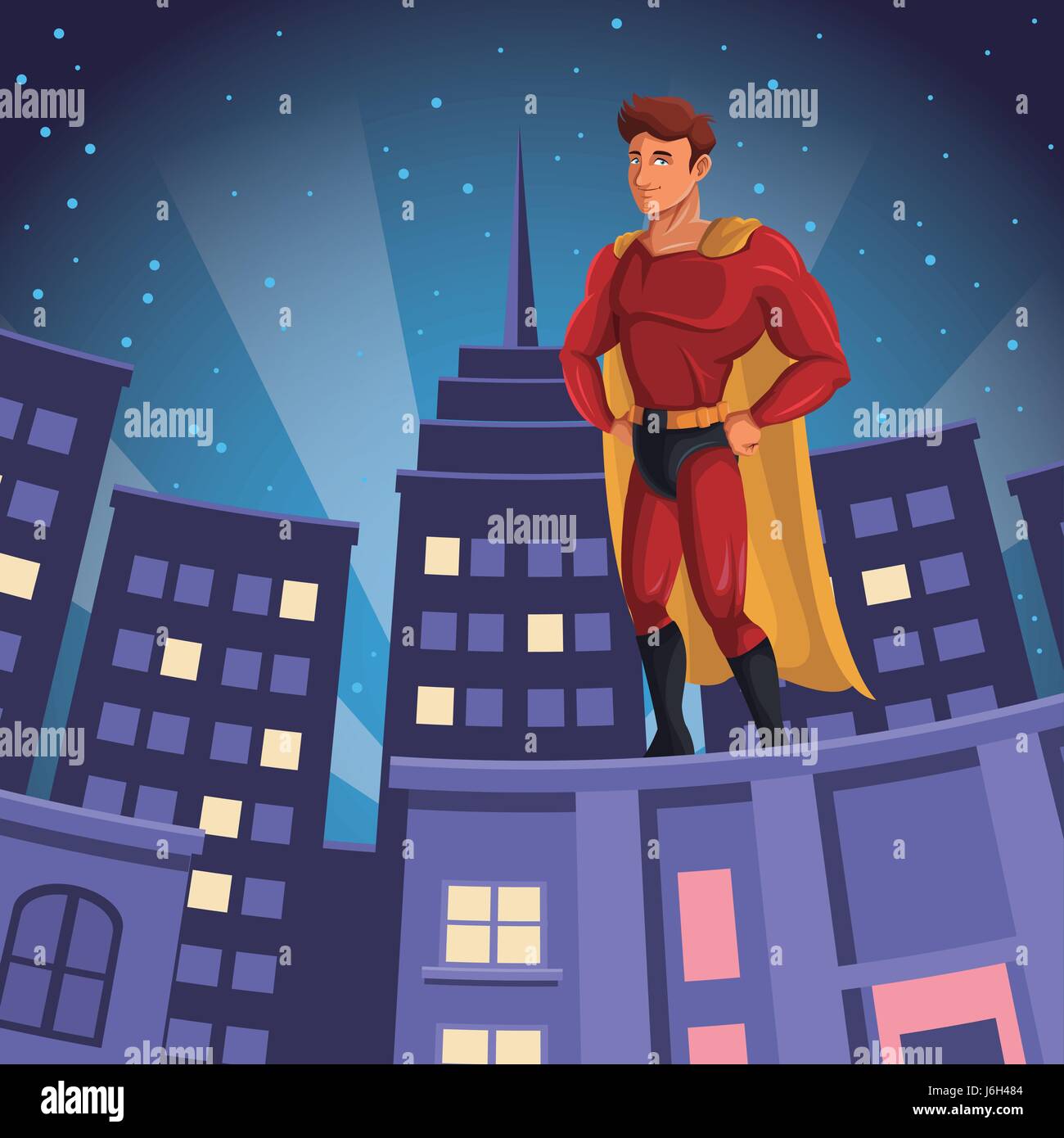 superhero watching over building city night view Stock Vector Image ...