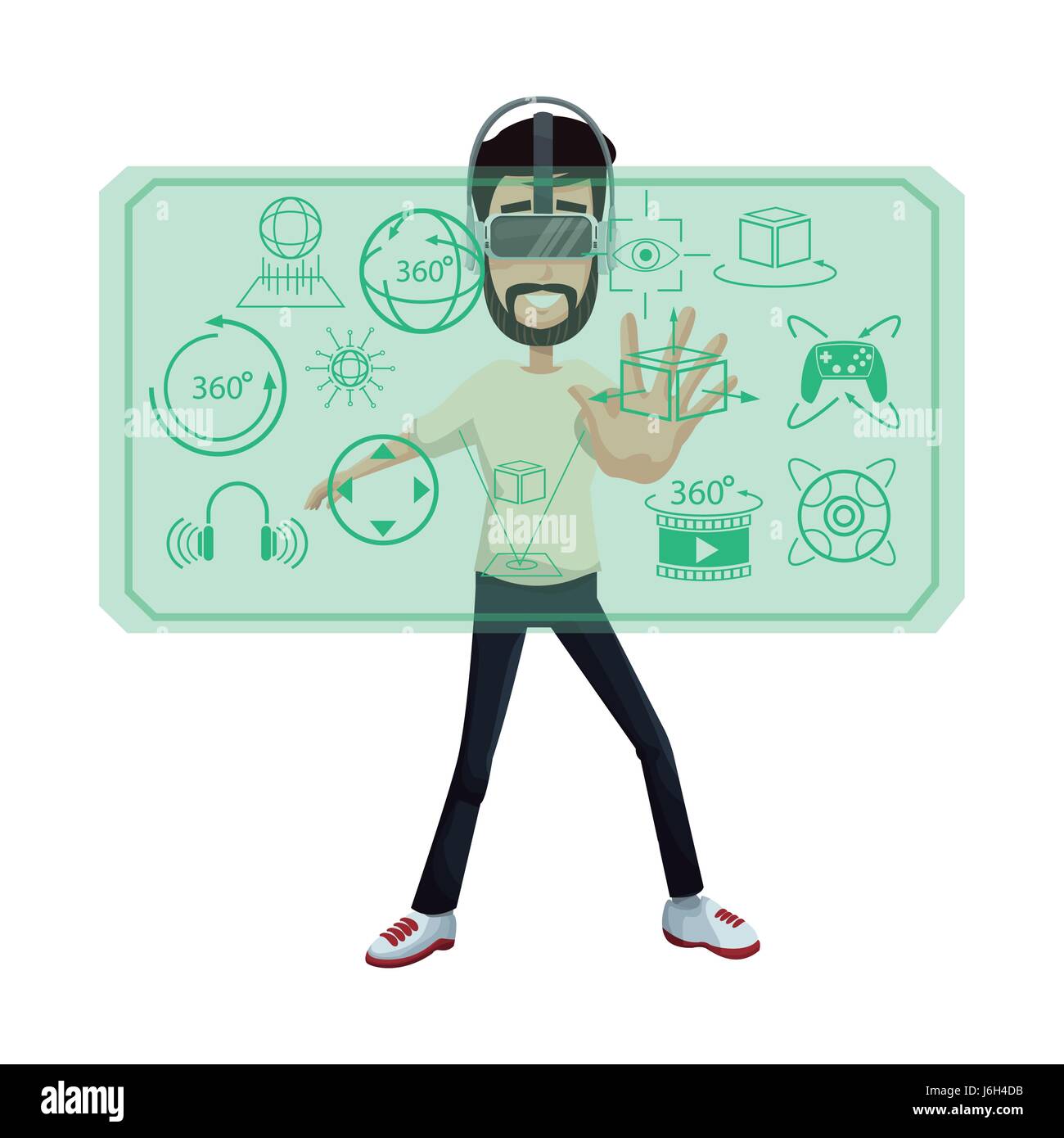 young man virtual reality wearing headset looking 3d display Stock ...