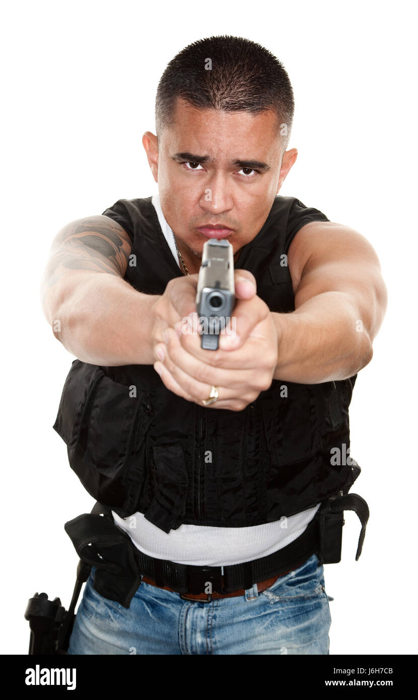 hand macho handsome gun firearm hispanic man hand male masculine muscle ...