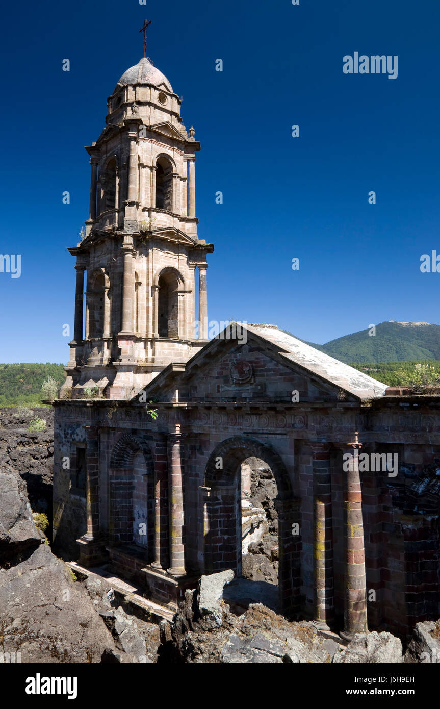 church ruin colonial lava mexico vulcan volcano blue tower historical ...