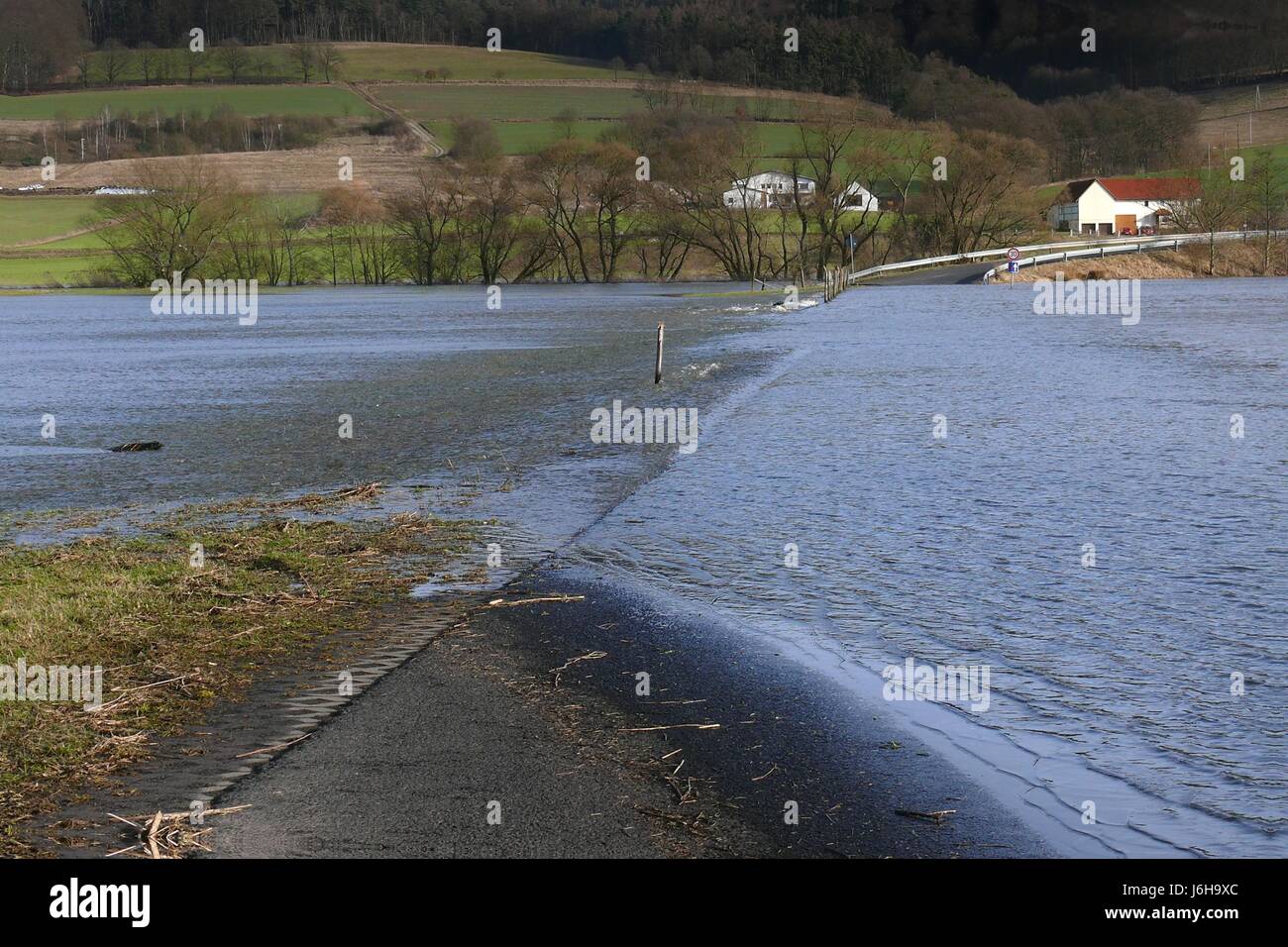 thunder-storm flood street road water danger tree trees meadows thunder ...