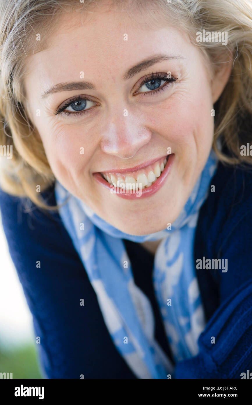 woman female portrait blond woman blue laugh laughs laughing twit ...