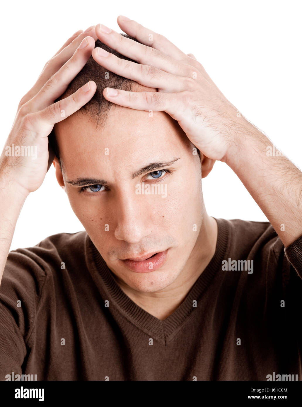 frustrated headache problems stress tension young younger man guy close ...