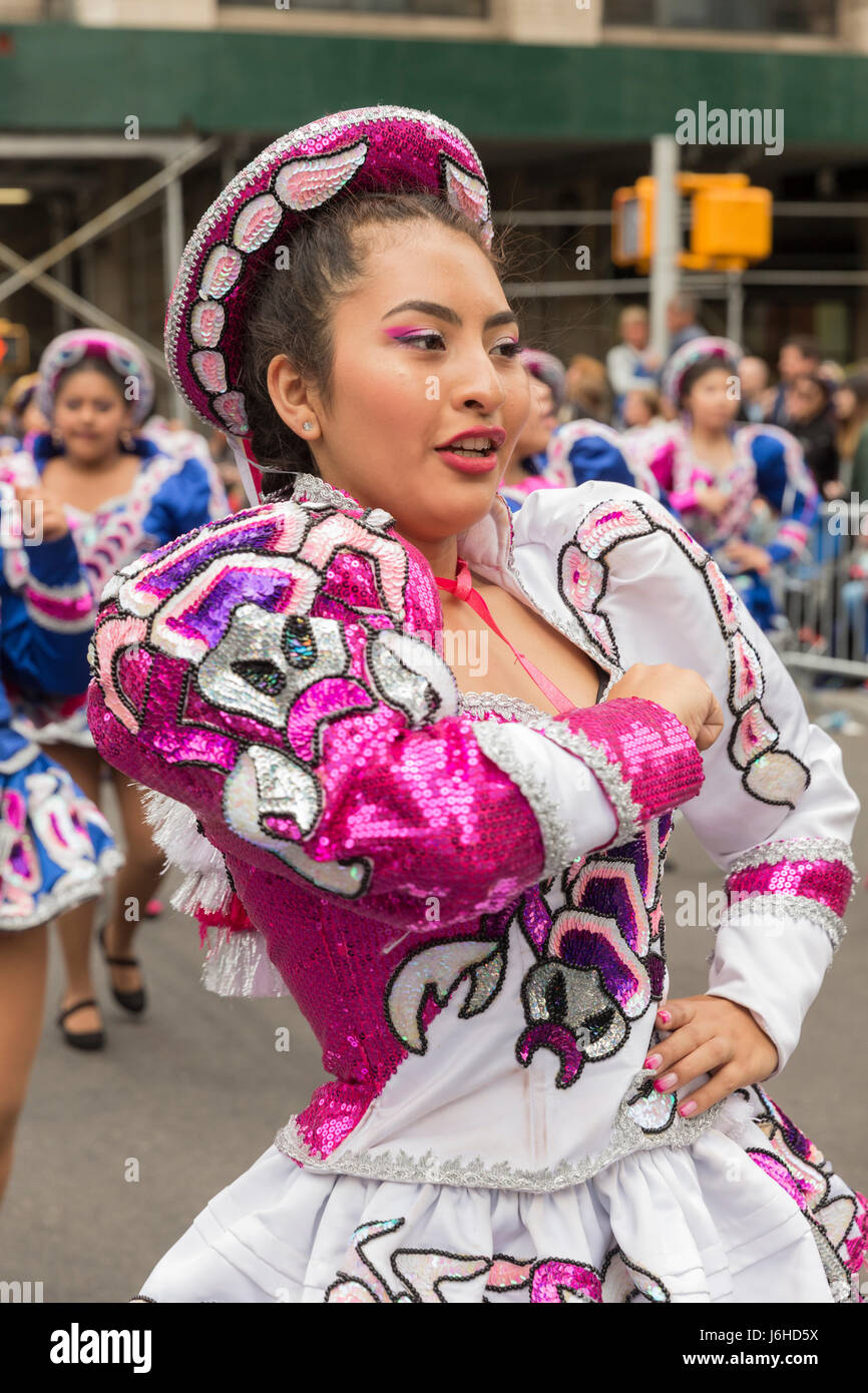 Latin American dancers dance during 2017 dance parade on streets of New ...