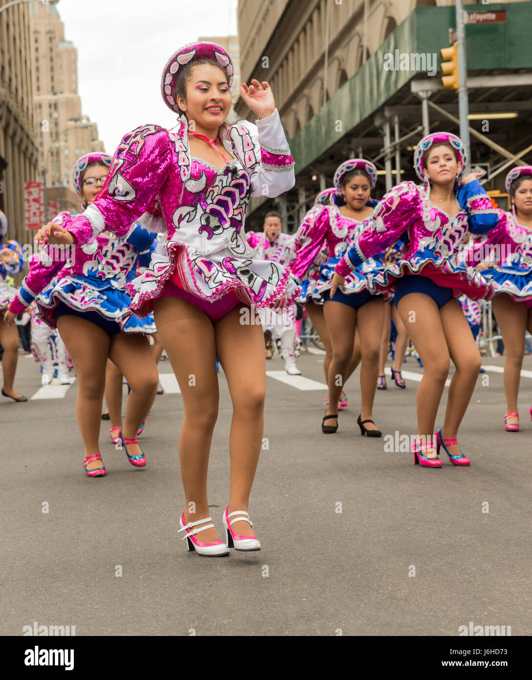 Latin American dancers dance during 2017 dance parade on streets of New ...