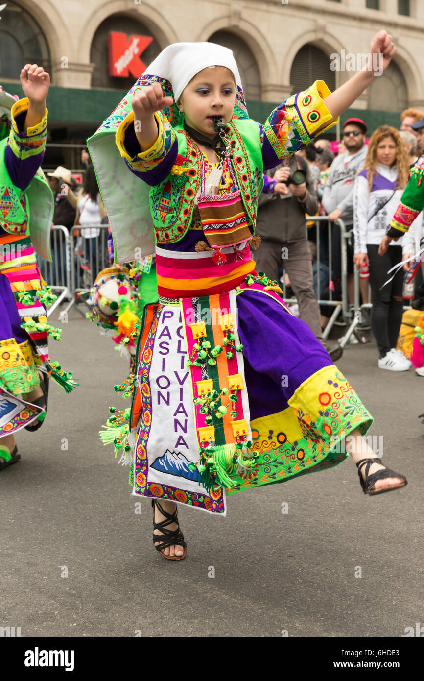 Latin American dancers dance during 2017 dance parade on streets of New ...