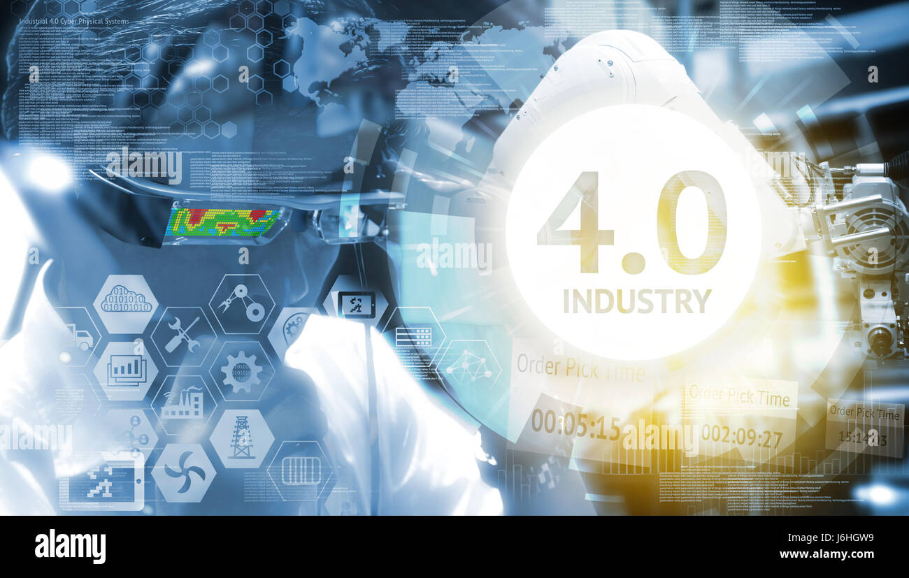 Industry 4.0, Augmented reality , iot and smart logistic concept. Man ...