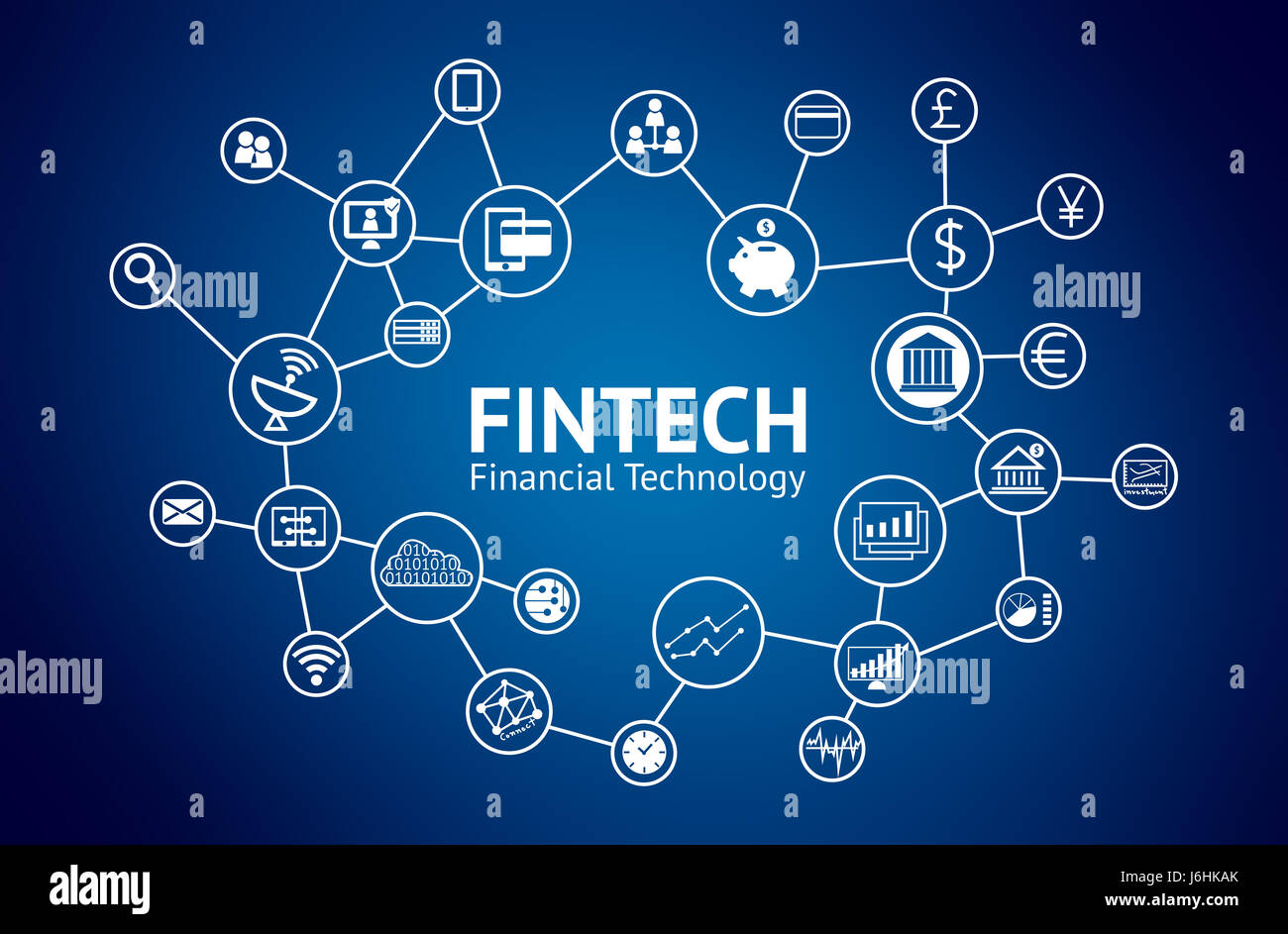 Fintech concept. Icons of financial technology, bank , world currencies ...