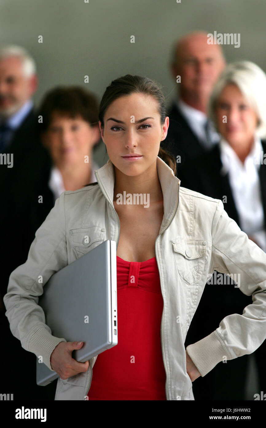 front view up on character carry wear young woman with a laptop under ...