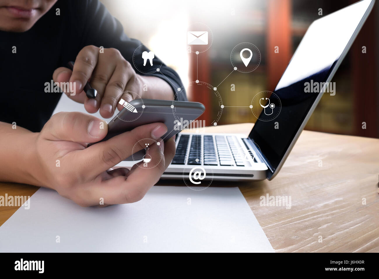 businessman work and working with smart phone and laptop and digital ...