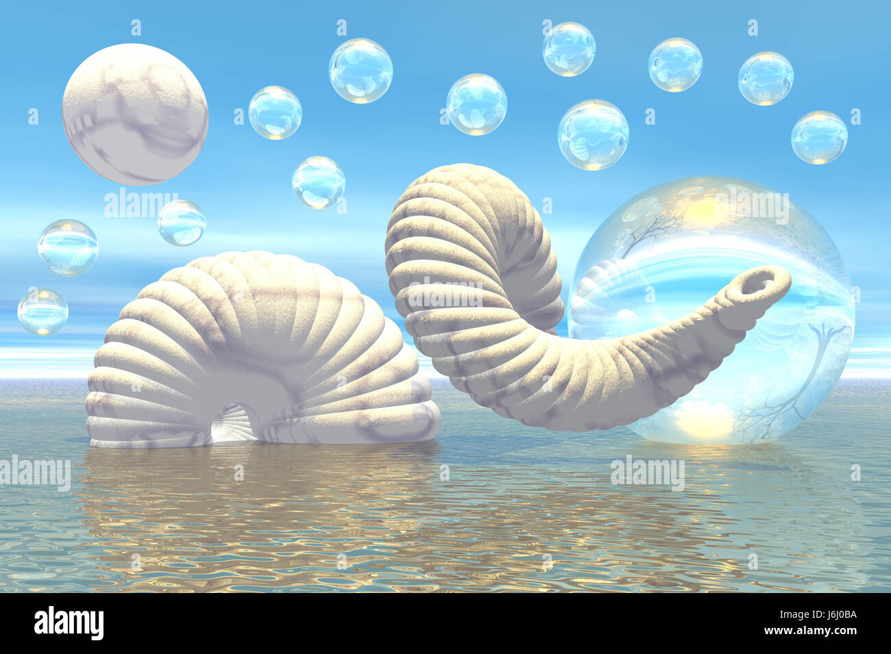 horn blow cornets soap bubbles glass ball water shells mussels bowls ...