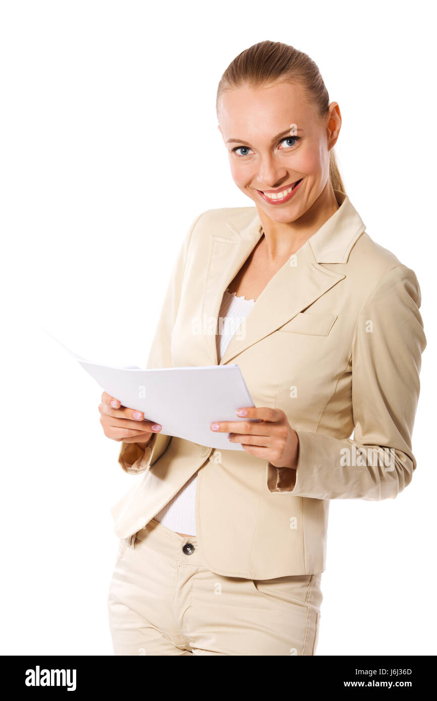 Businesswoman holding papers got idea isolated on white Stock Photo - Alamy