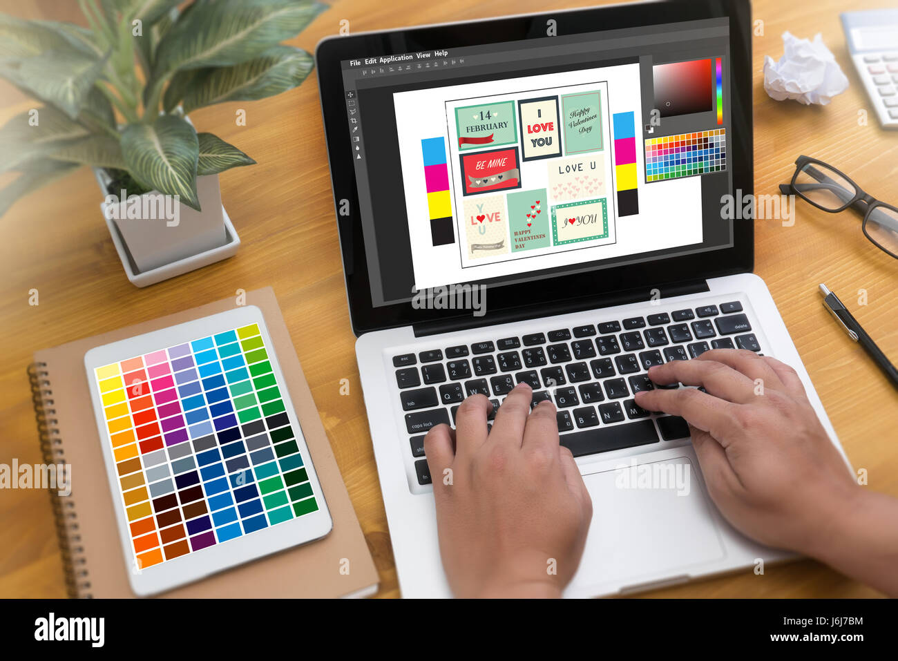 Creative Designer Graphic at work. Color swatch samples, Illustrator ...
