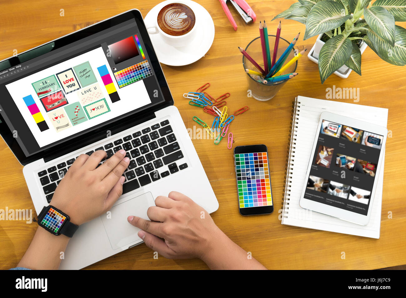 Creative Designer Graphic at work. Color swatch samples, Illustrator ...