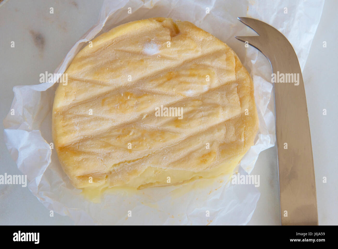 Australian washed rind cheese with a cheese knife Stock Photo - Alamy