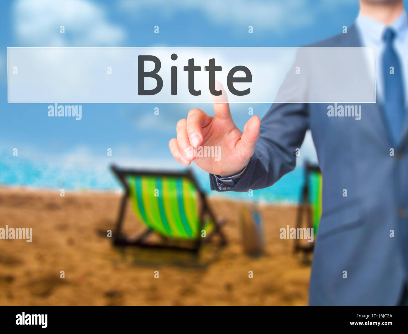 Bitte (Please in German) - Businessman hand touch button on virtual ...