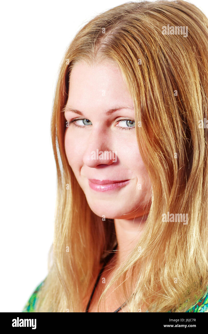 Happy sneaky smiling woman closeup portrait isolated Stock Photo - Alamy