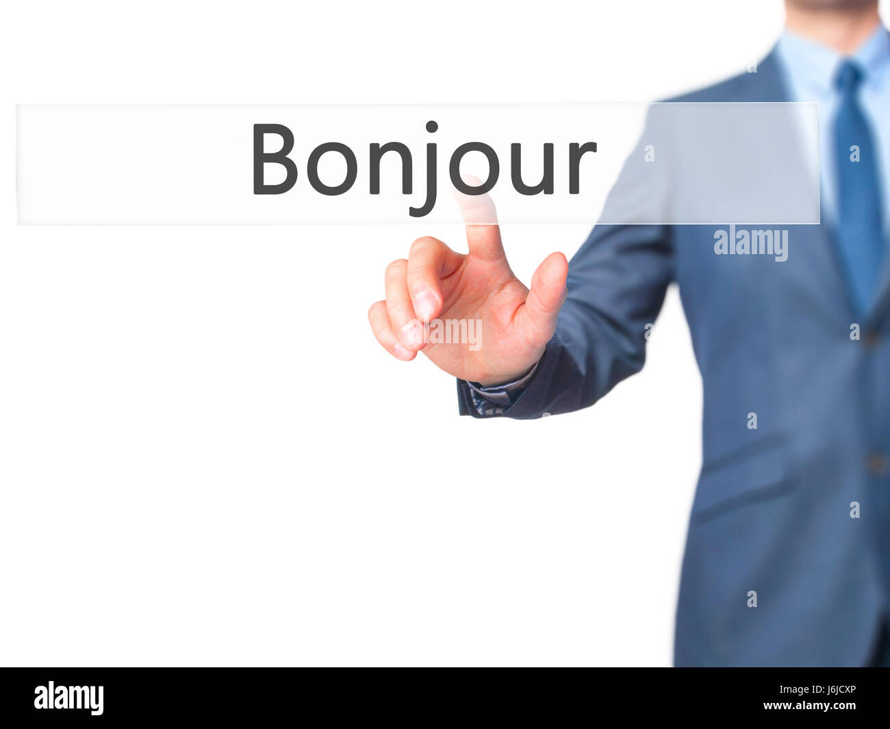 Bonjour (Good Morning in French) - Businessman hand touch button on ...