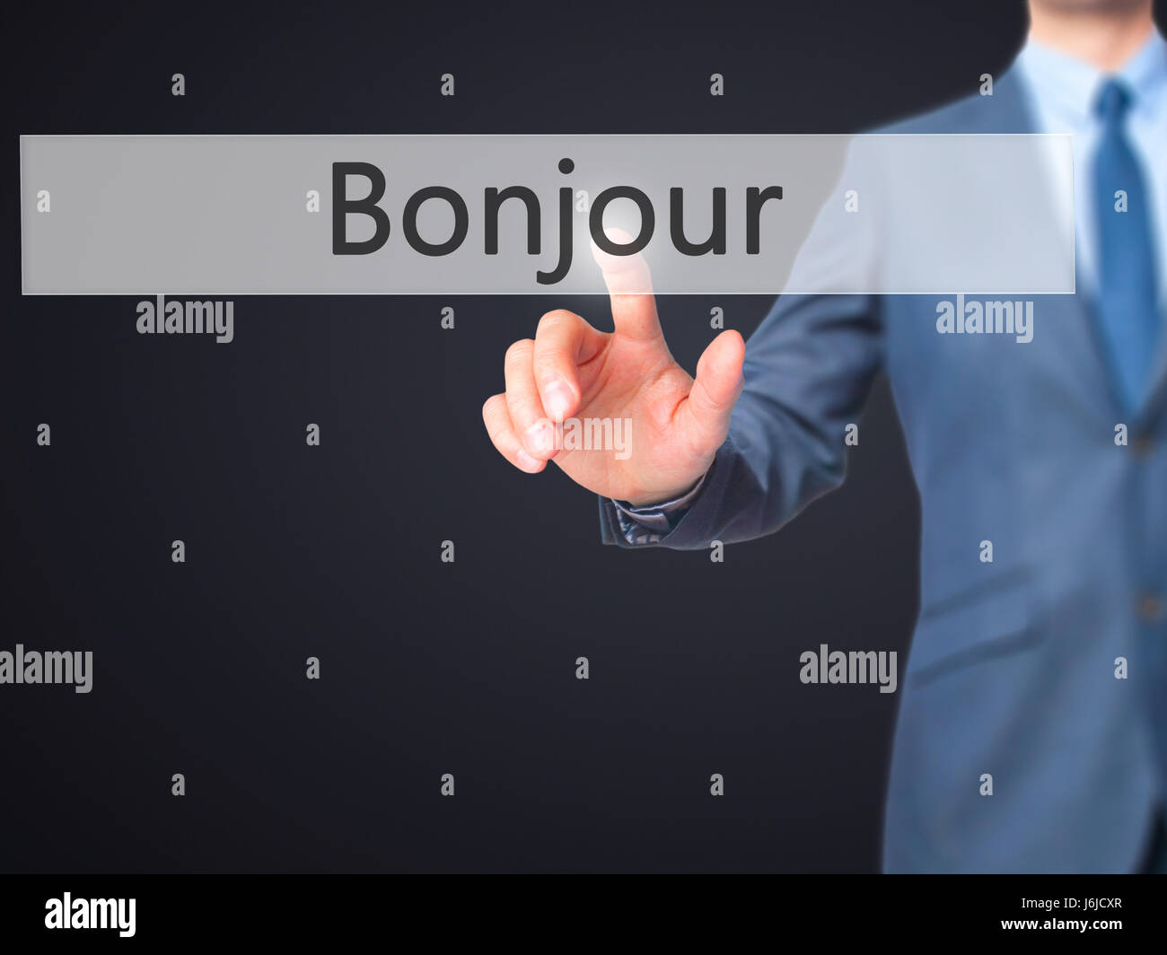 Bonjour (Good Morning in French) - Businessman hand touch button on ...