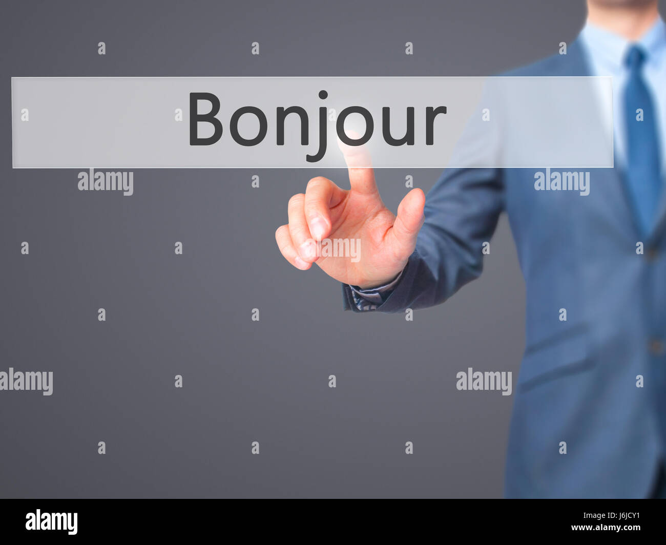 Bonjour (Good Morning in French) - Businessman hand touch button on ...