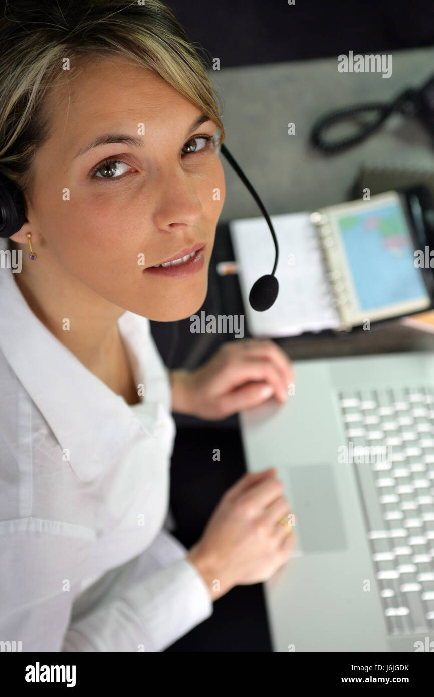 woman telephone phone secretary portrait front view business dealings ...