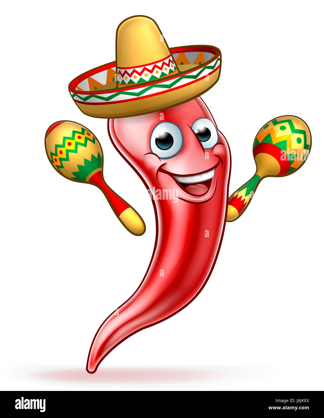 A red chilli pepper cartoon character wearing a Mexican sombrero straw ...