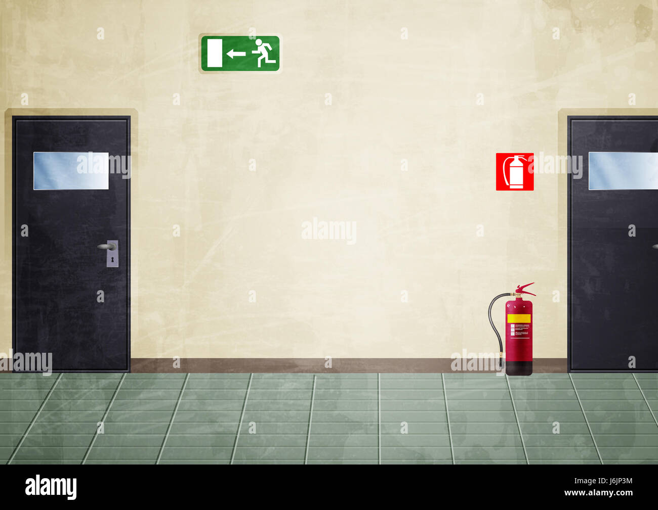 extinguisher corridor door fire conflagration exit indoor sign ...