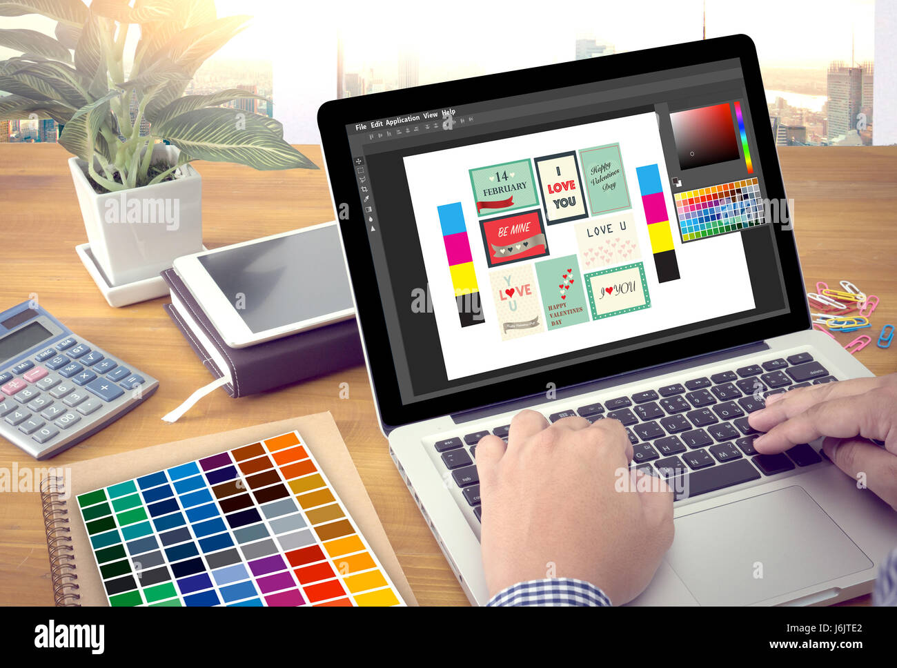 Creative Designer Graphic at work. Color swatch samples, Illustrator ...