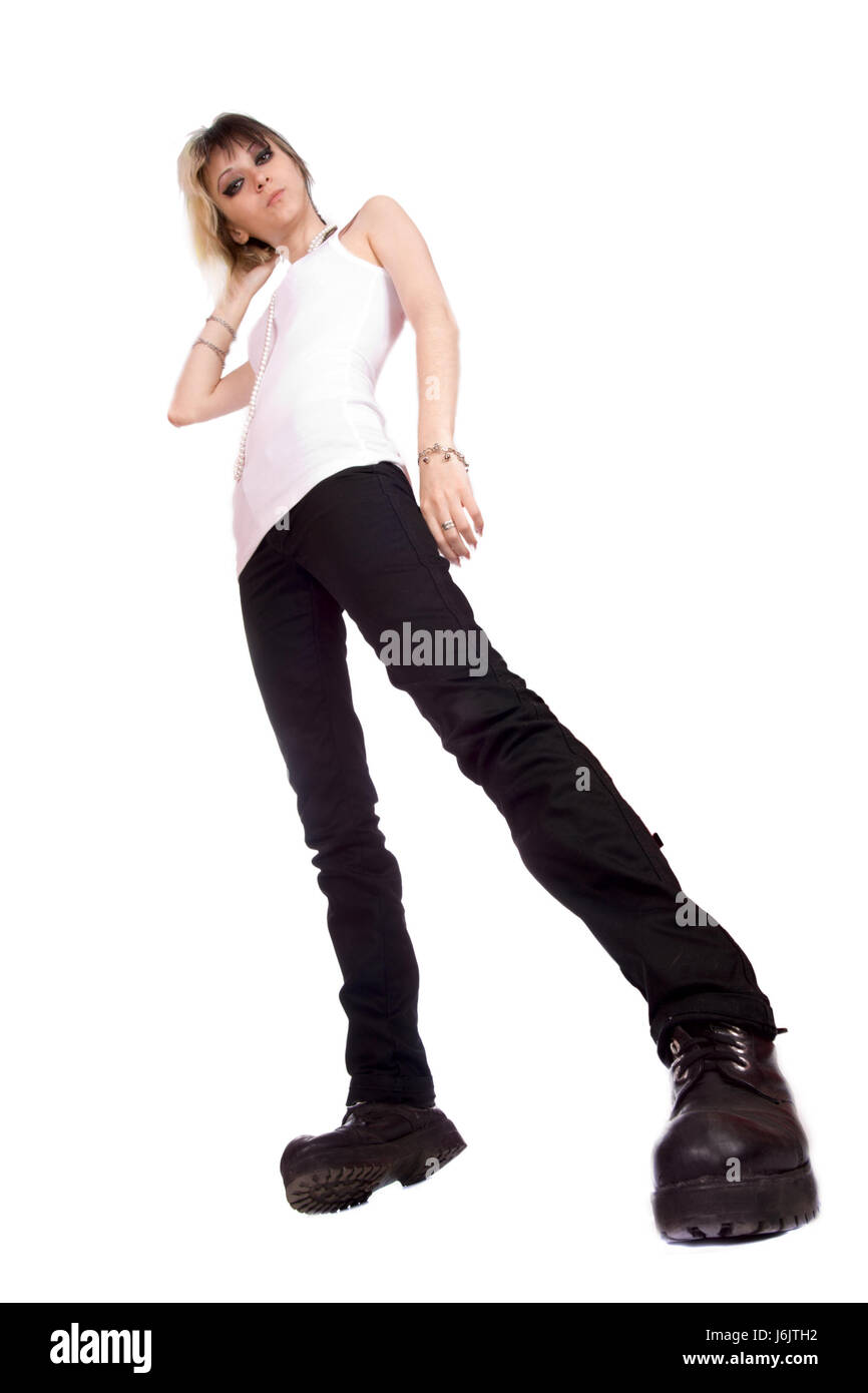 Young woman looking down at you isolated on white Stock Photo - Alamy
