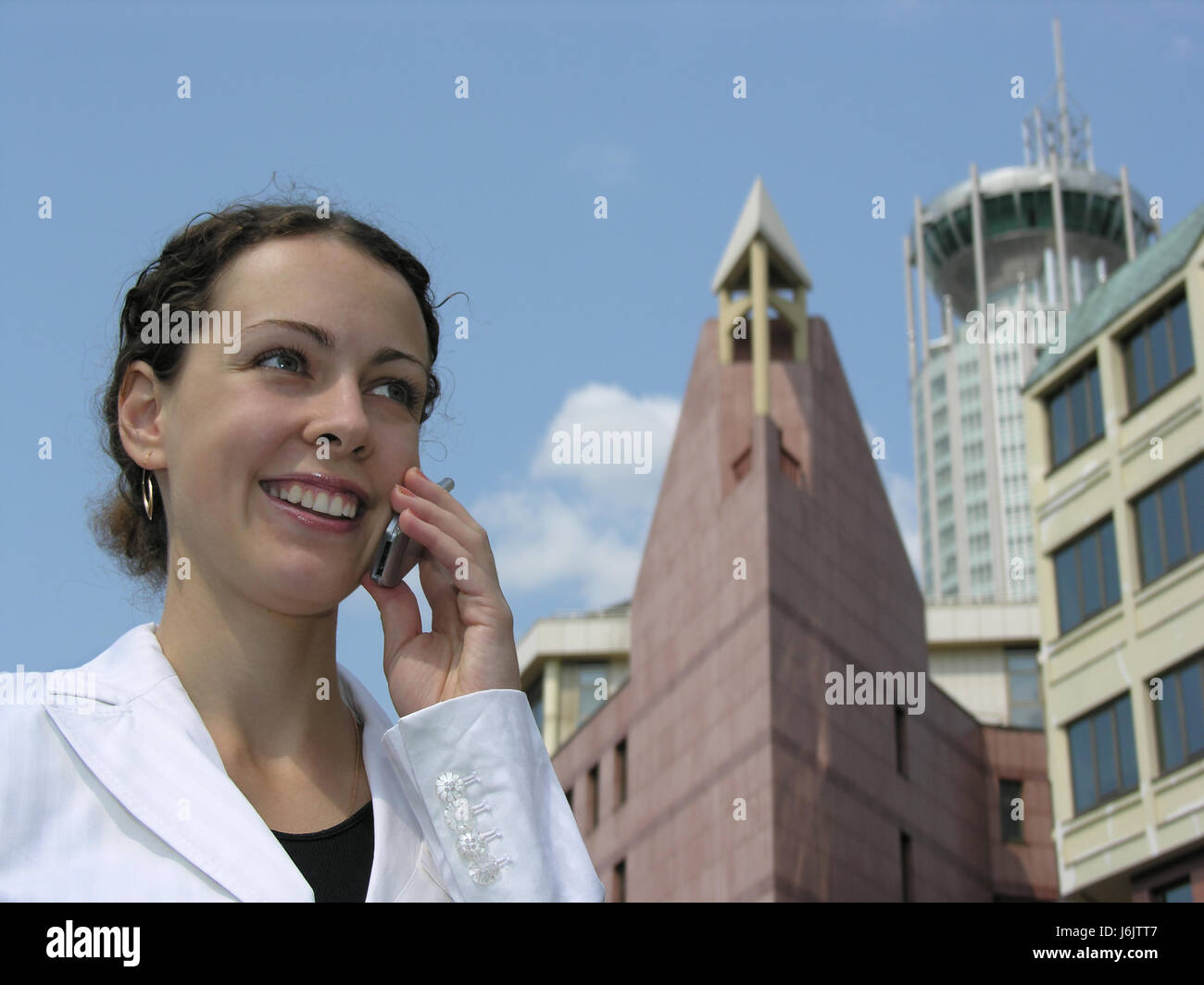 woman telephone phone blue tower office laugh laughs laughing twit ...