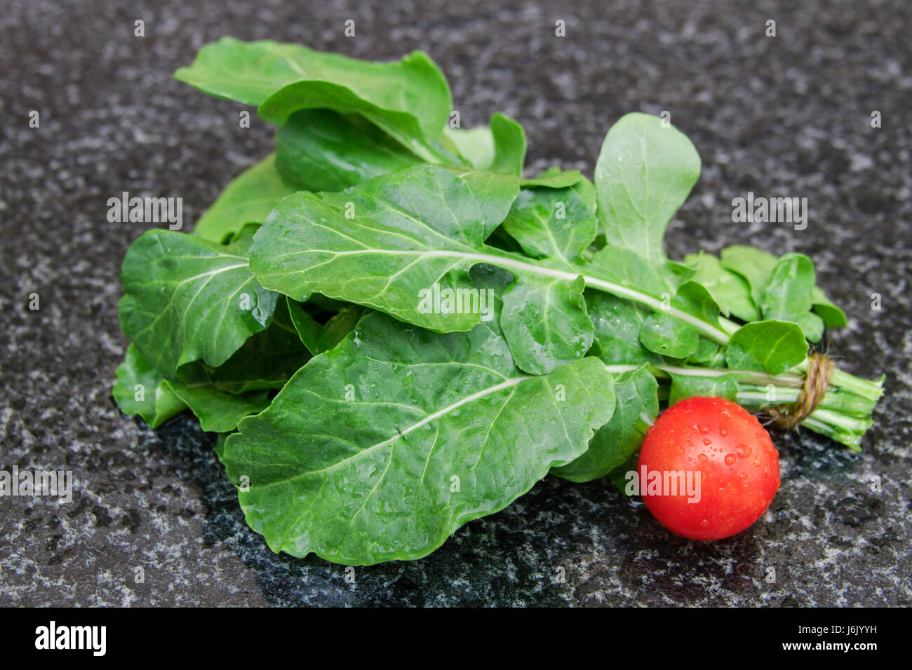 Bundle of arugula (rukola) with tomato, fresh rucola (rocket) salad ...