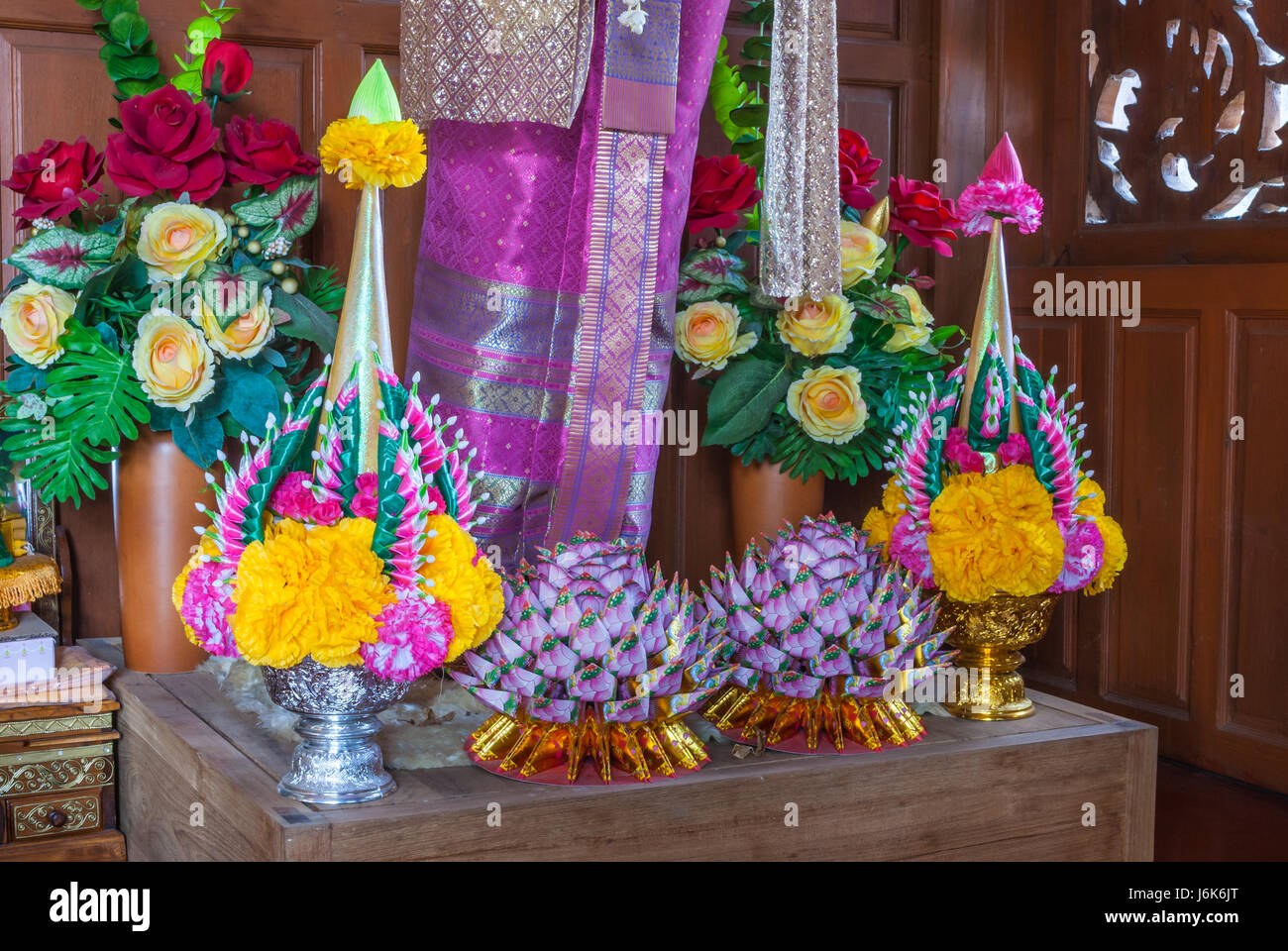 Closeup to Beautiful Thai Rice Offering on Wooden Worship Pedestal ...