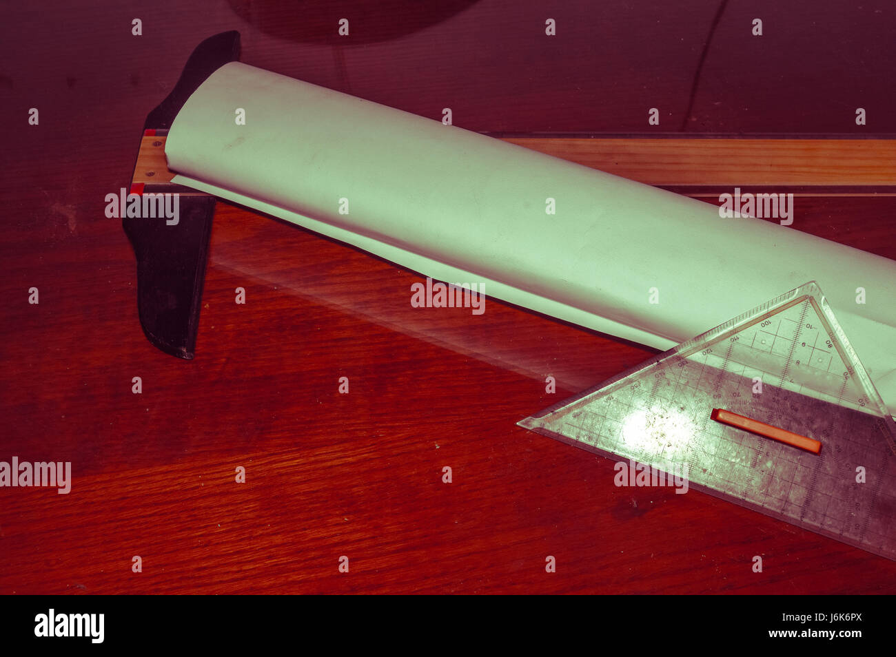 engineering concept background, ruler with drawings and triangle on ...