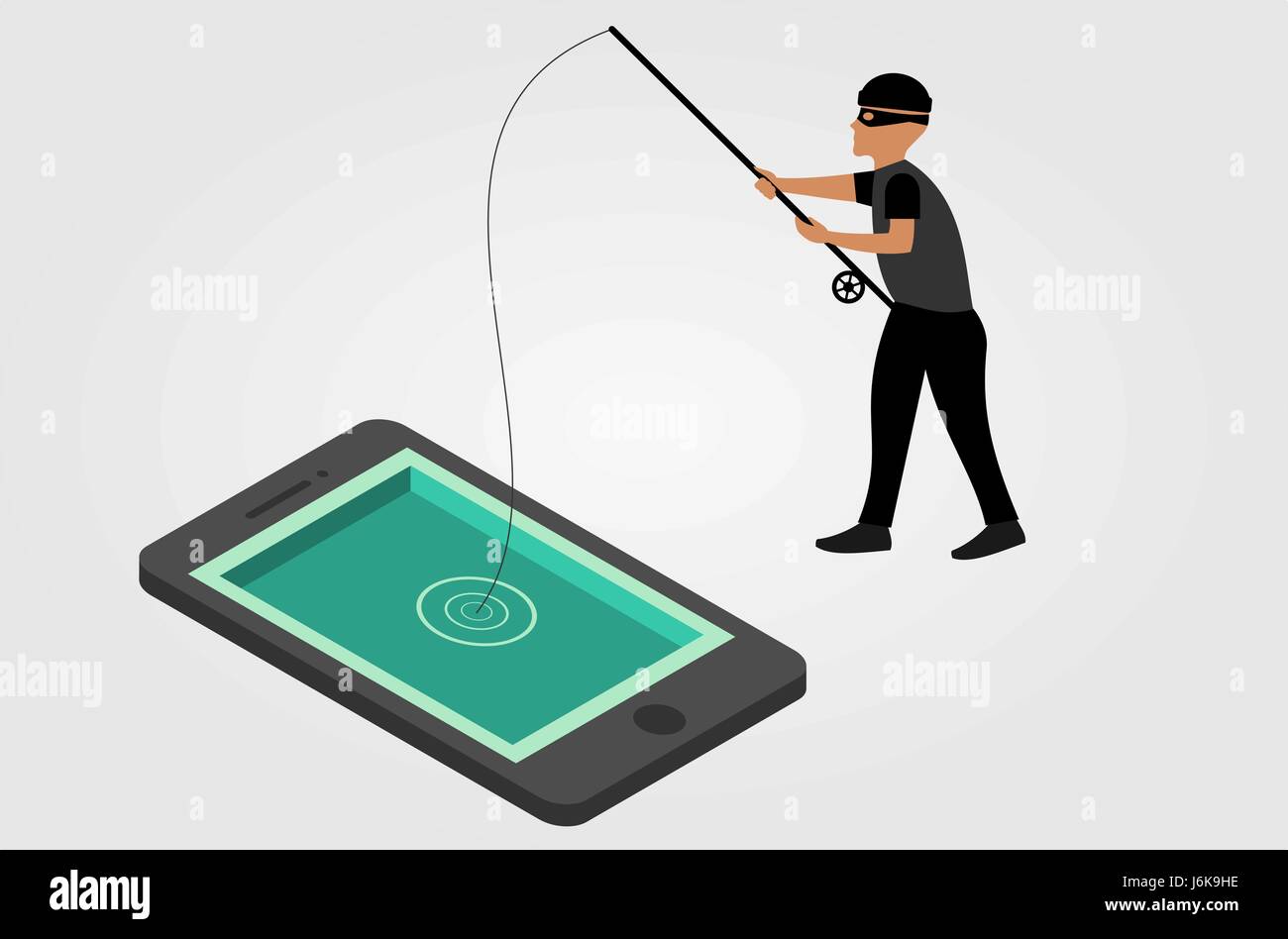 Phishing concept. A thief is holding a fishing rod above a cell phone ...