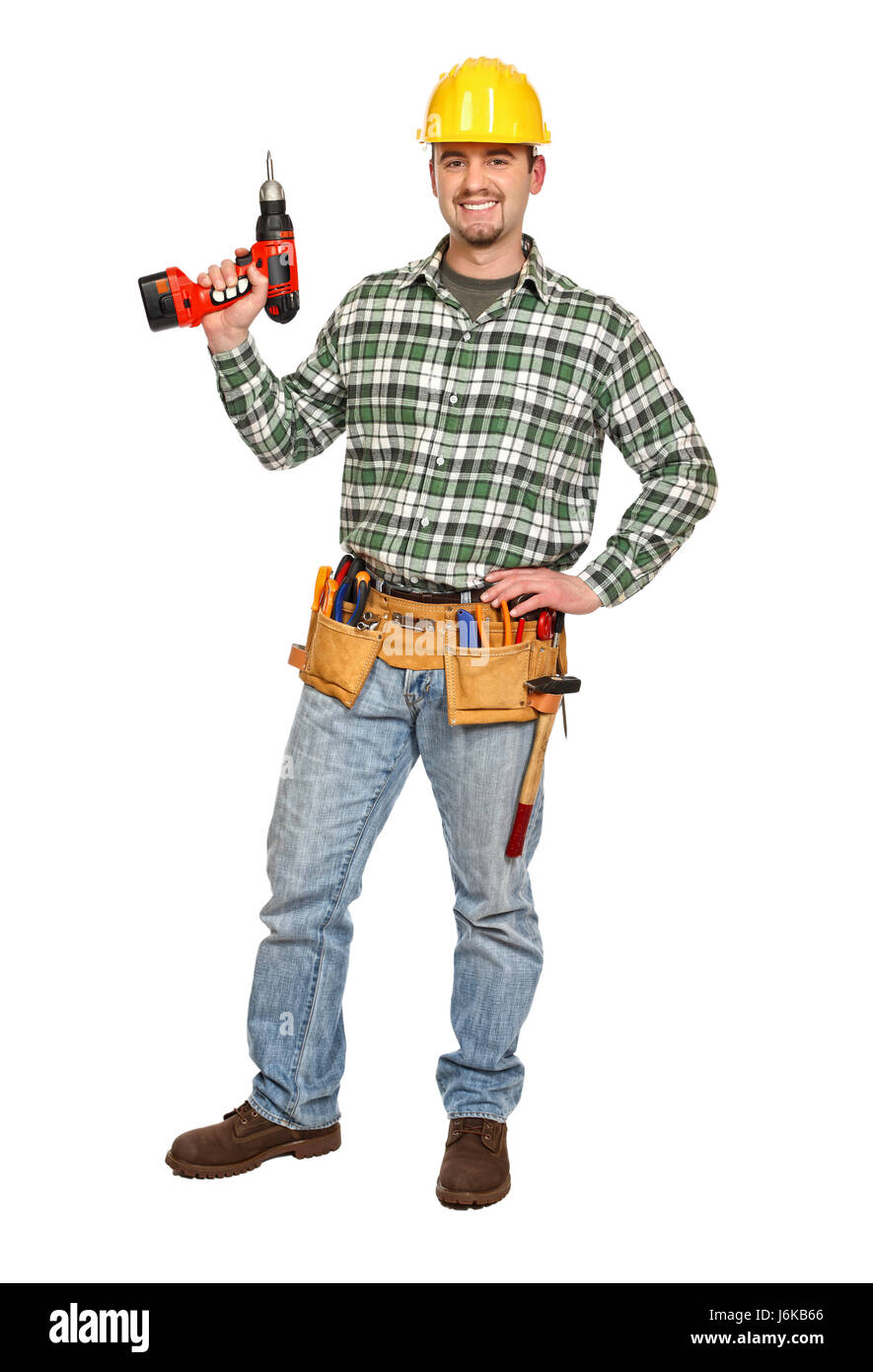 Laughing man holding drill hi-res stock photography and images - Alamy