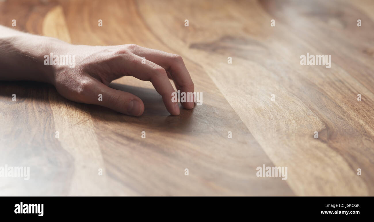 Young man hand waiting tapping fingers sitting at the table, wide photo ...