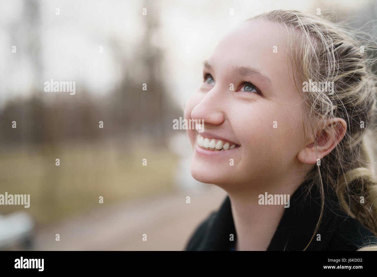 teen girl outdoor spring portrait in park, with copy space Stock Photo ...