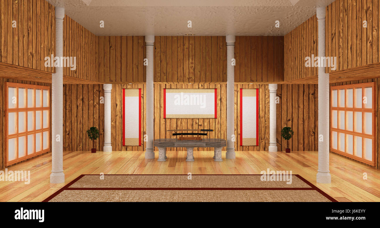 3d interior room of samurai style include japanese katana sword on the ...
