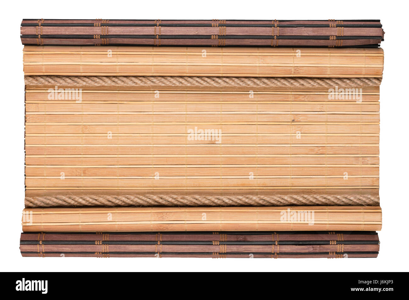 Bamboo mat with curled edges and rope, isolated on white background ...